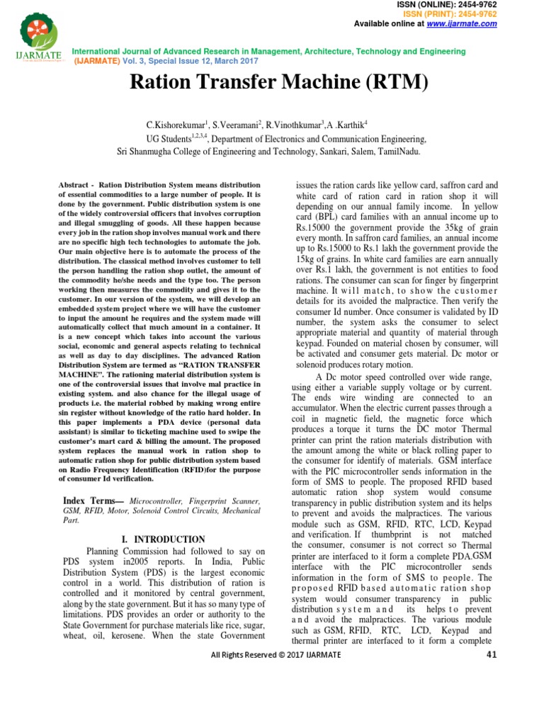 Ration Transfer Machine (RTM) : (Ijarmate) | PDF | Electric Motor ...