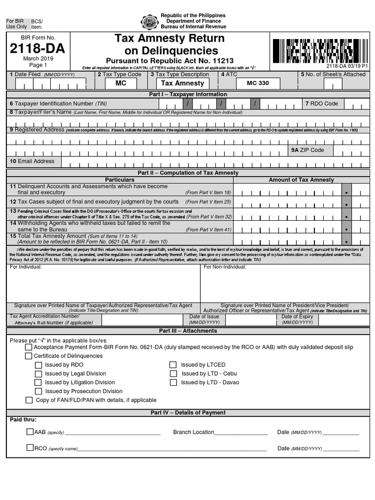 Tax Amnesty Return Form 2118-DA | PDF | Withholding Tax | Taxes