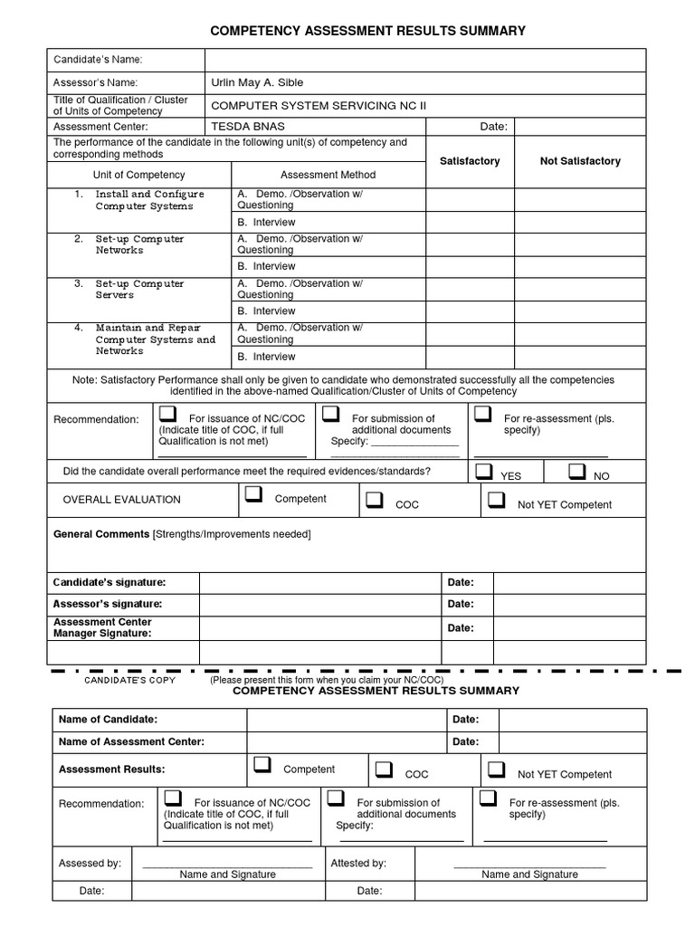 Competency Assessment Results Summary: Urlin May A. Sible Computer ...