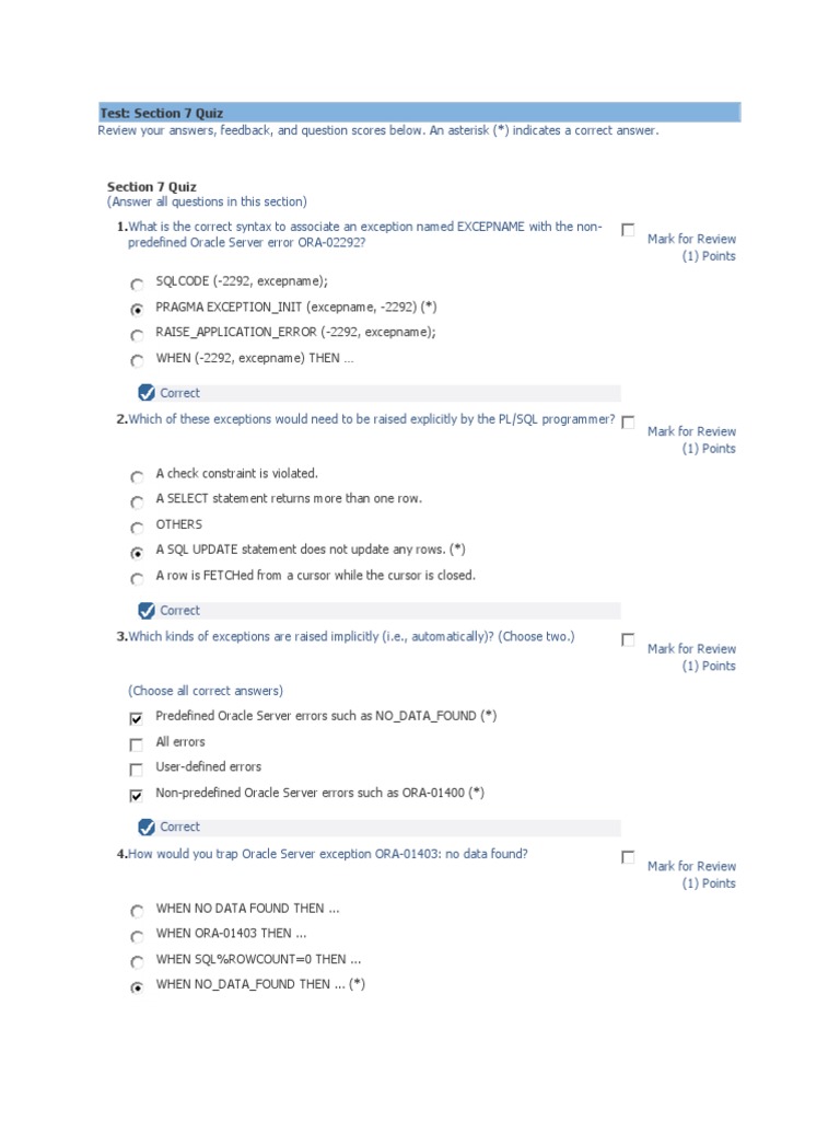 Section 7 Quiz PLSQL | PDF | Pl/Sql | Data Management Software