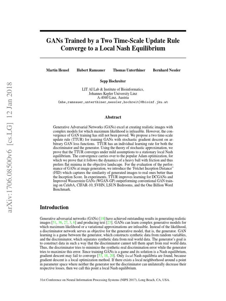 Gans Trained by A Two Time-Scale Update Rule Converge To A Local Nash Equilibrium | PDF ...