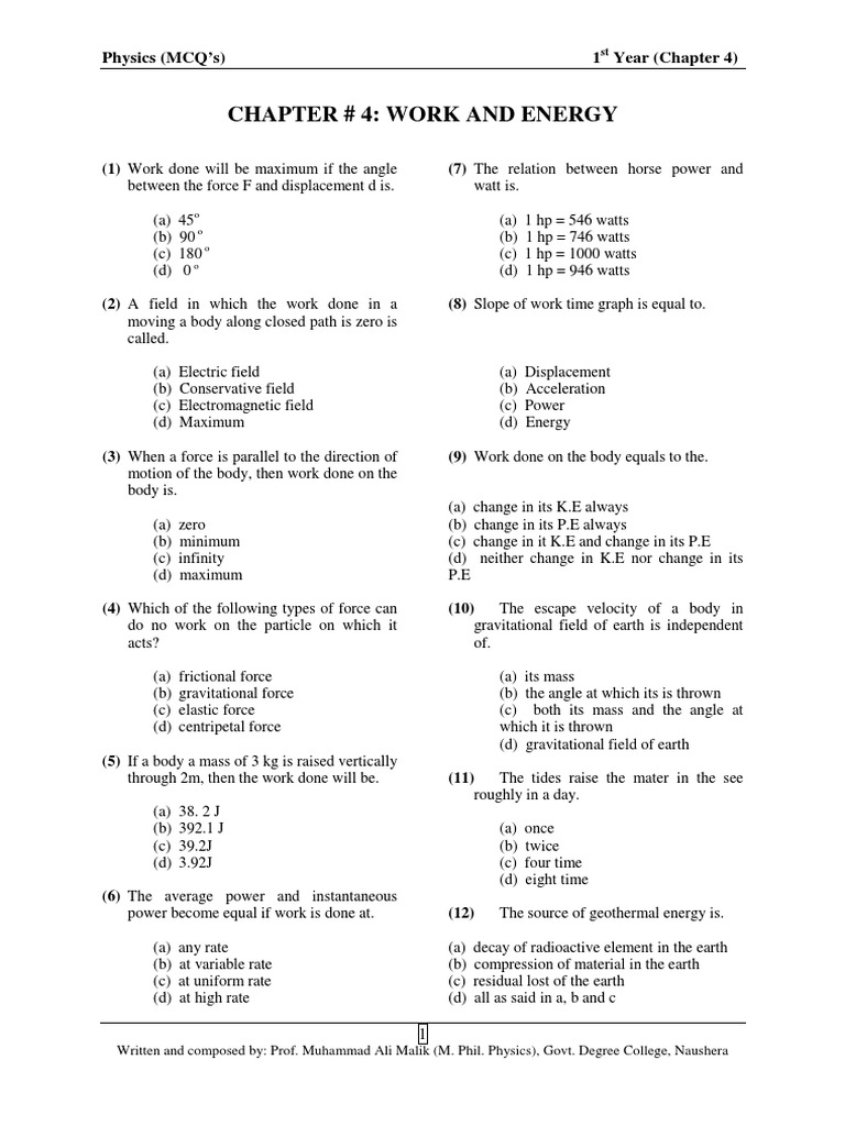 Work, Energy and Power: Multiple Choice Questions on Key Concepts | PDF | Force | Momentum