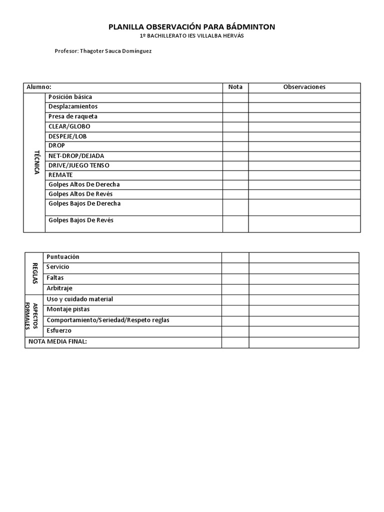 PLANILLA OBSERVACIÓN BADMINTON 1bach | PDF