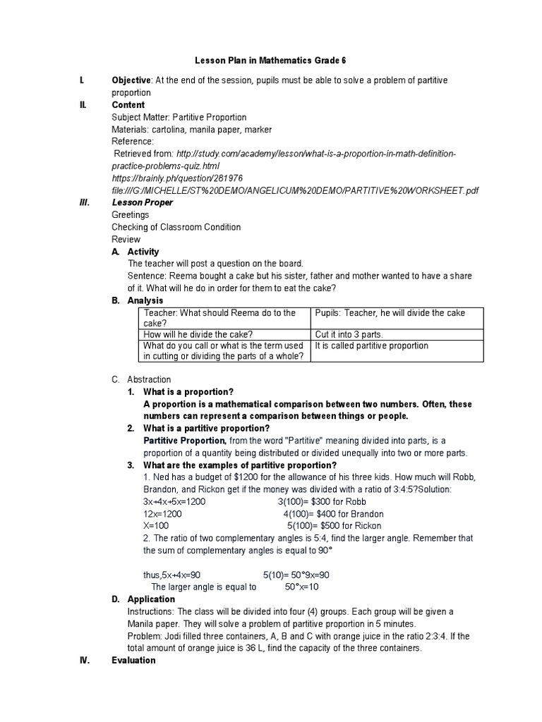 Lesson Plan in Mathematics Grade 6 | PDF | Ratio | Lesson Plan
