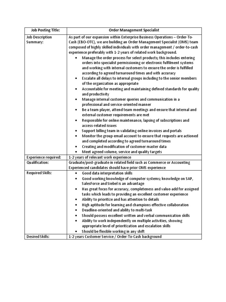 JD - Order Management Specialist | PDF | Attention | Cognition