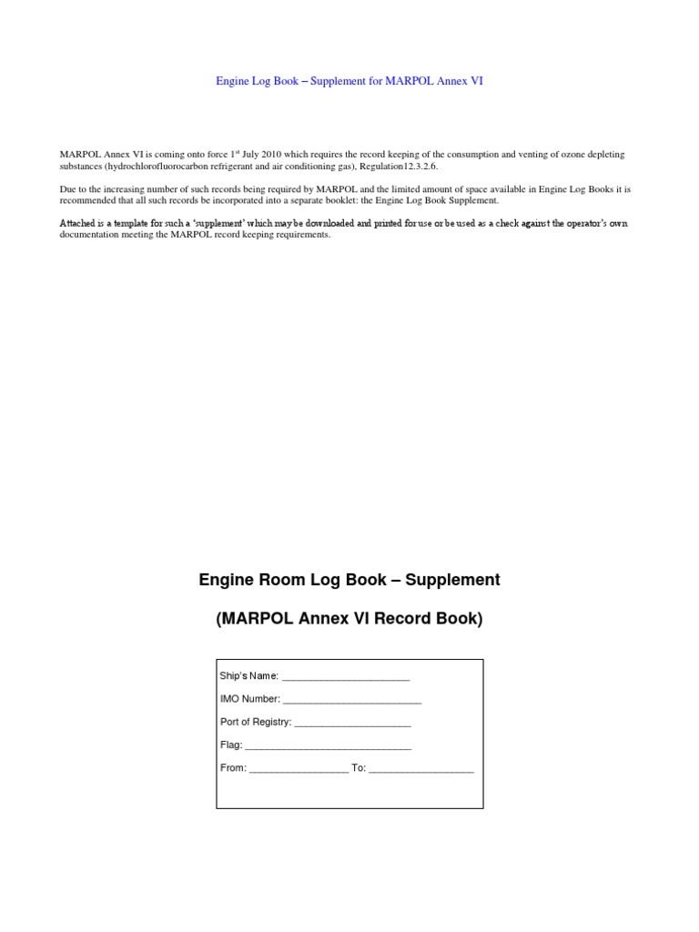 Engine Log Book Supplement For MARPOL Annex VI | PDF | Fuel Oil | Nature