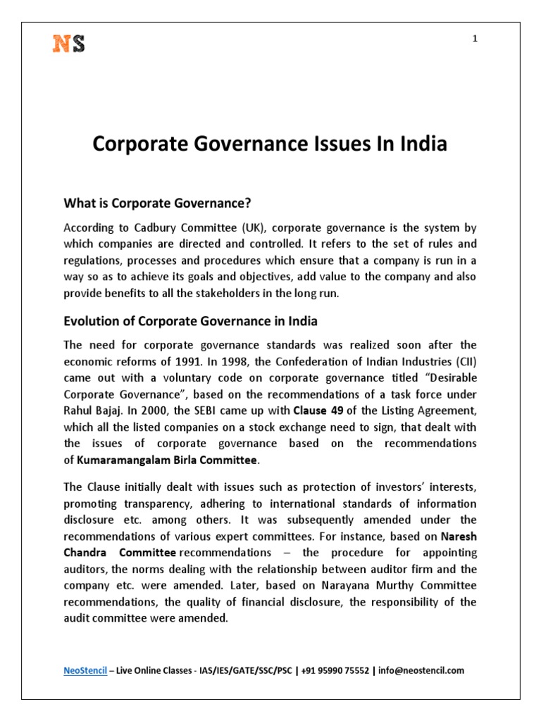 Corporate Governance Issue in India | PDF | Corporate Governance ...