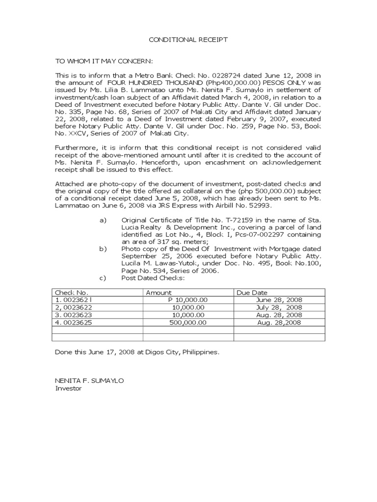 Conditional Receipt | PDF