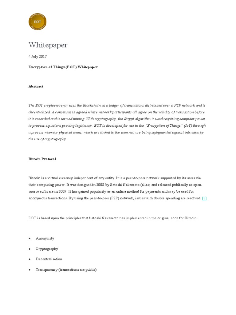 Whitepaper: Encryption of Things (EOT) Whitepaper | PDF | Cryptocurrency | Cryptography
