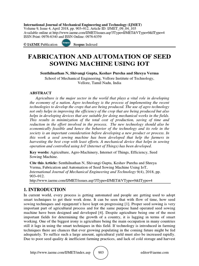Fabrication and Automation of Seed Sowing Machine Using Iot | PDF ...