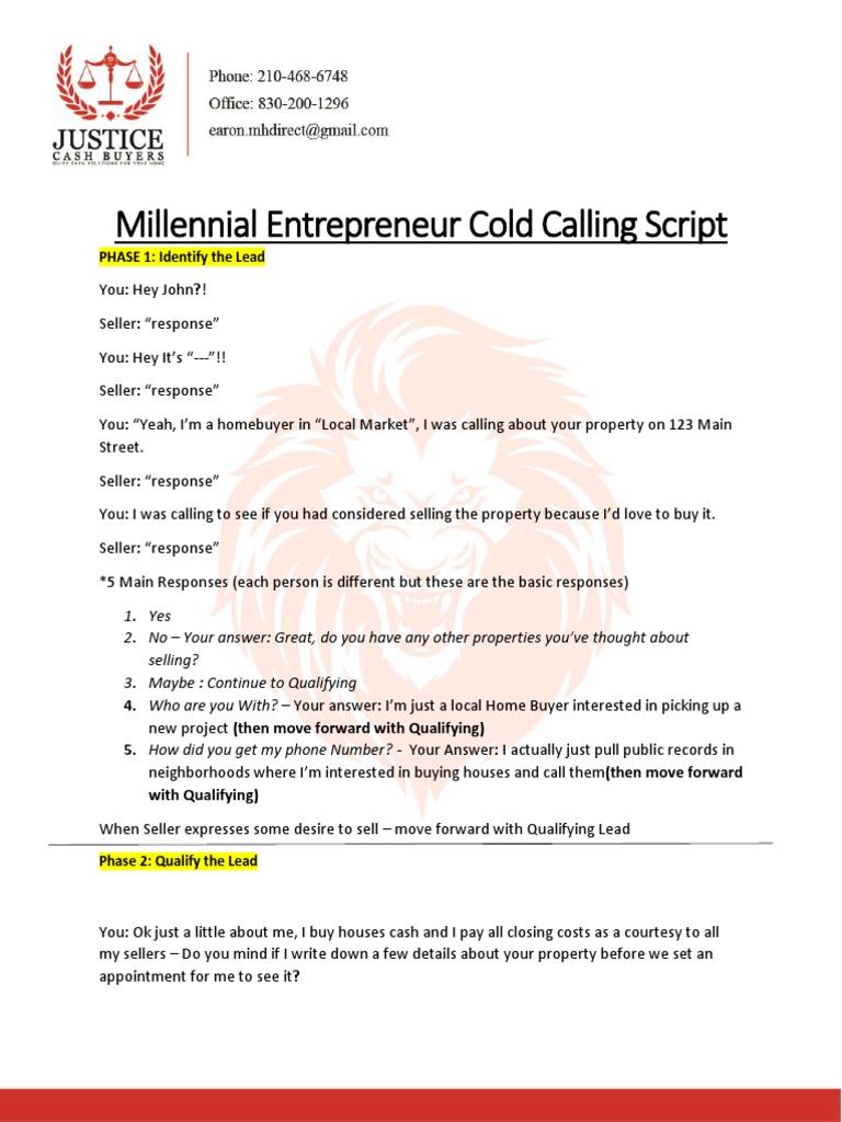 Millennial Entrepreneur Cold Calling Script | PDF | Real Property Law | Sales