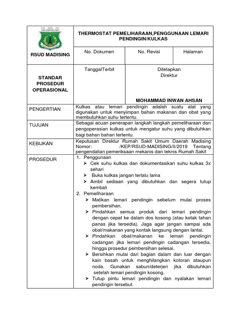 Prosedur Pemeliharaan Kulkas RSUD Madising | PDF