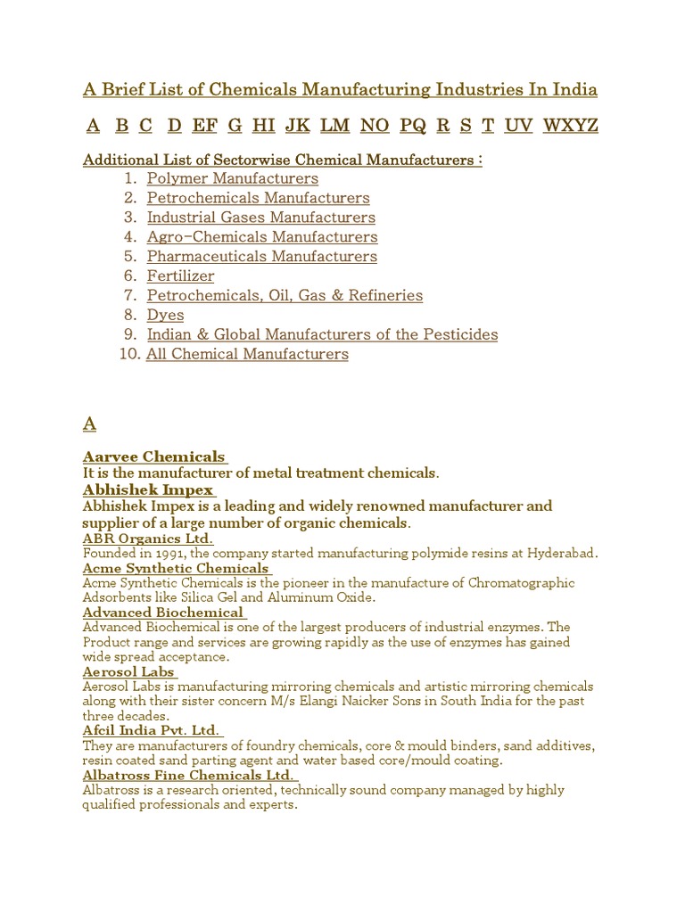 List of Chemicals Manufacturing Industries in India | PDF | Dye ...