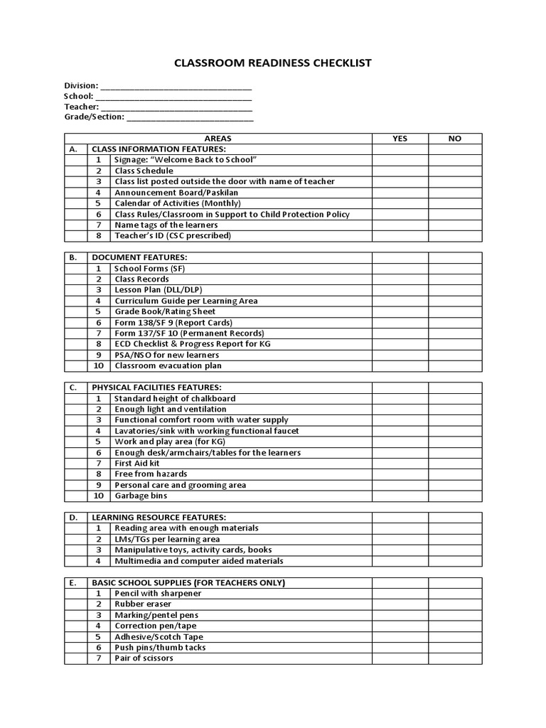 Classroom Readiness Checklist | PDF | Classroom
