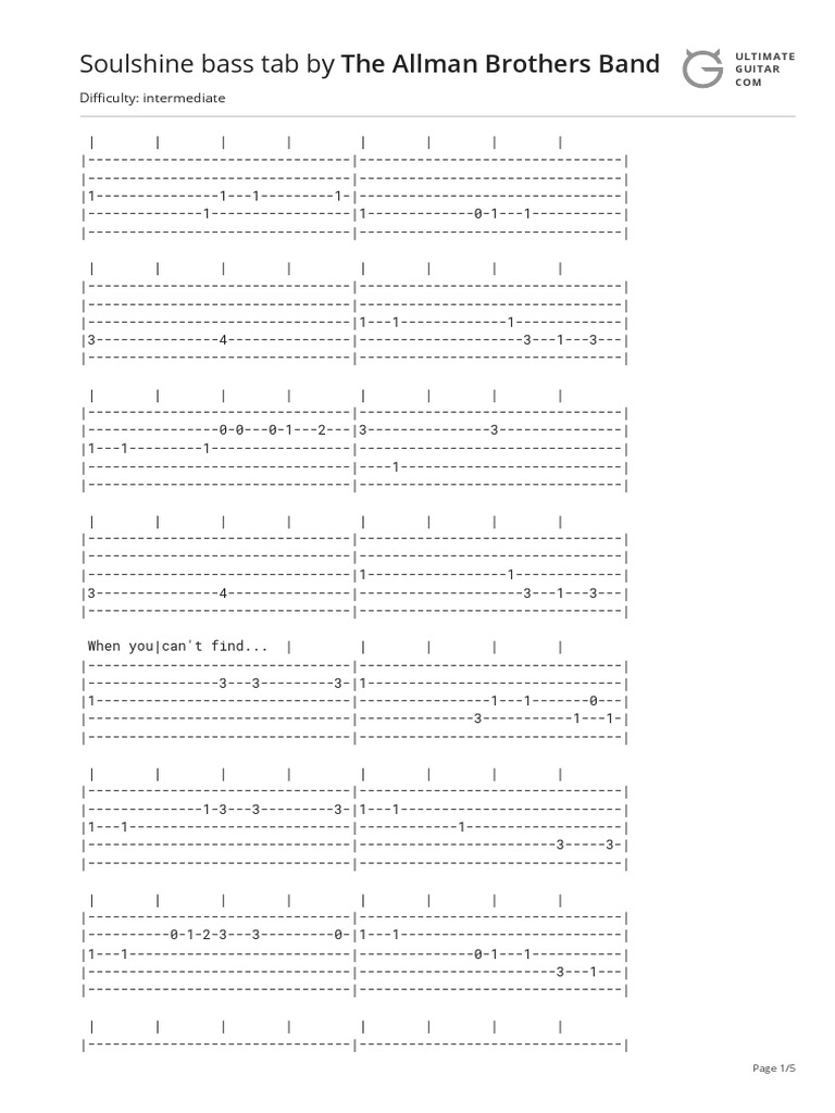 Soulshine Bass Tab by Allman Brothers | PDF | Rock Music | Leisure