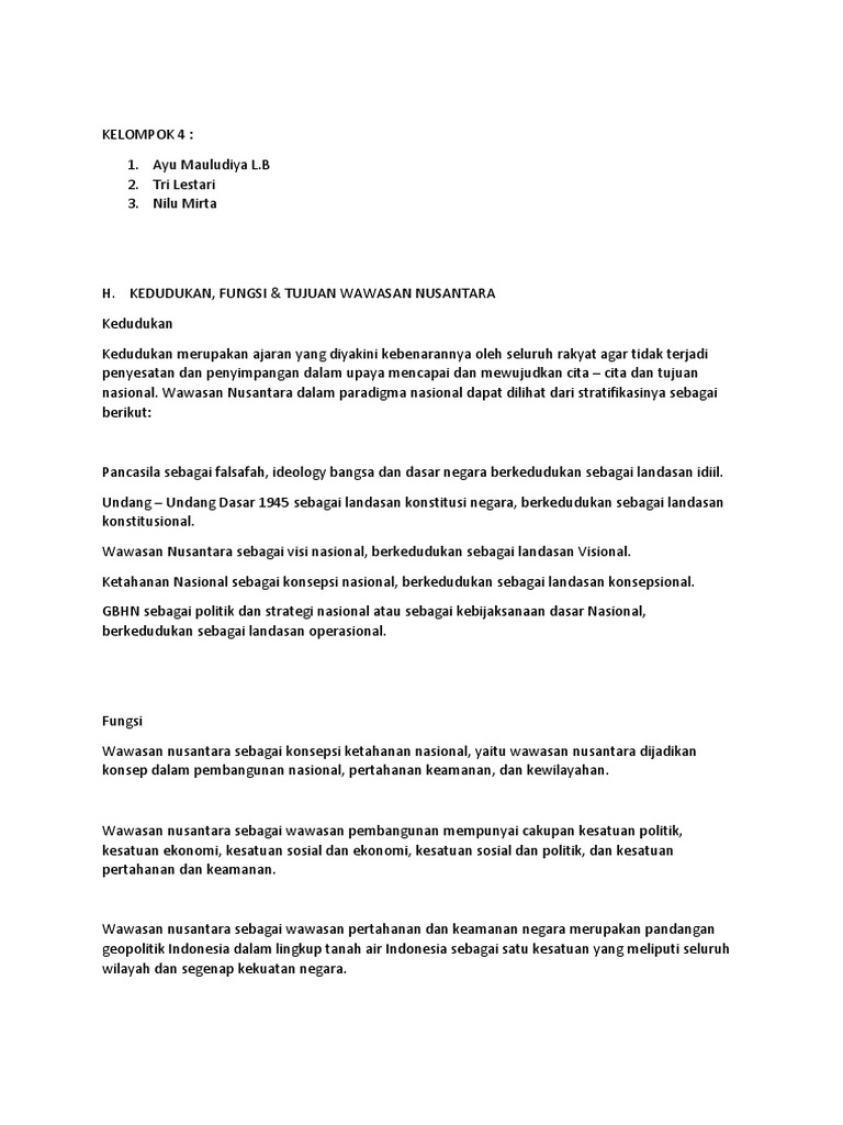 Kedudukan, Fungsi Dan Tujuan Wawasan Nusantara | PDF
