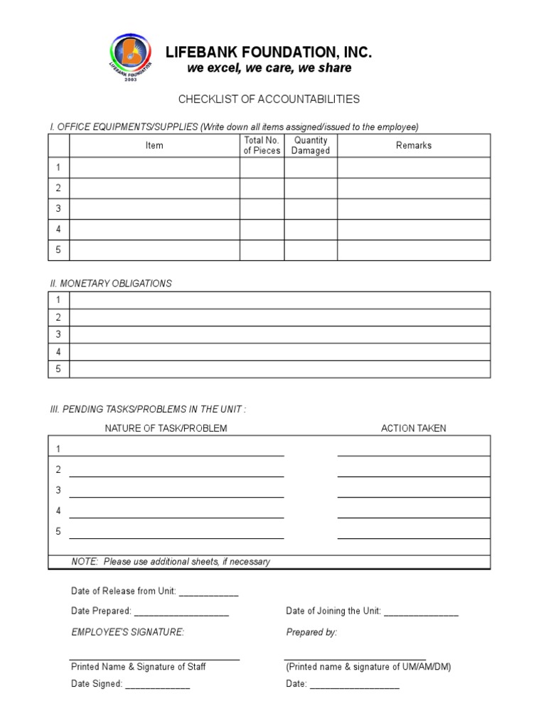 Template Checklist of Accountabilities | PDF