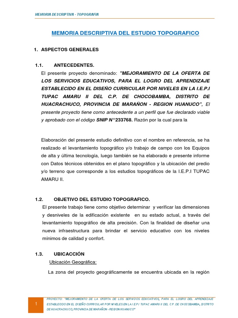 Memoria Descriptiva Topografia Chocobamba | PDF | Topografía | Salón de ...