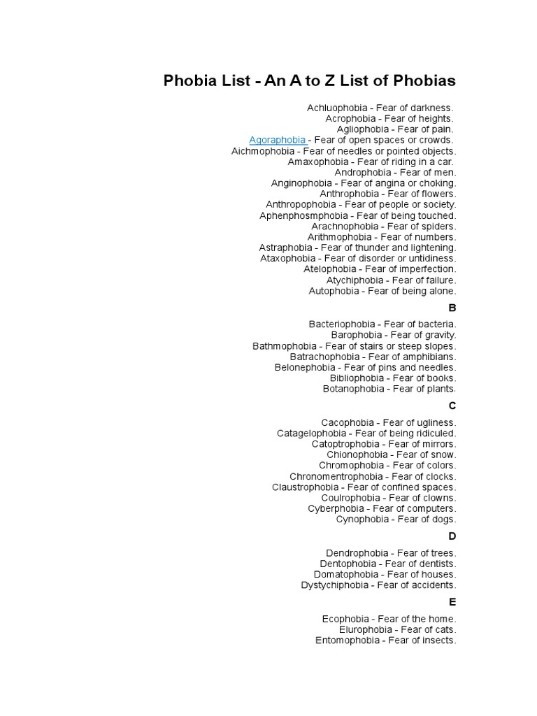 Phobia List - An A To Z List of Phobias: Agoraphobia | PDF | Fear | Phobia