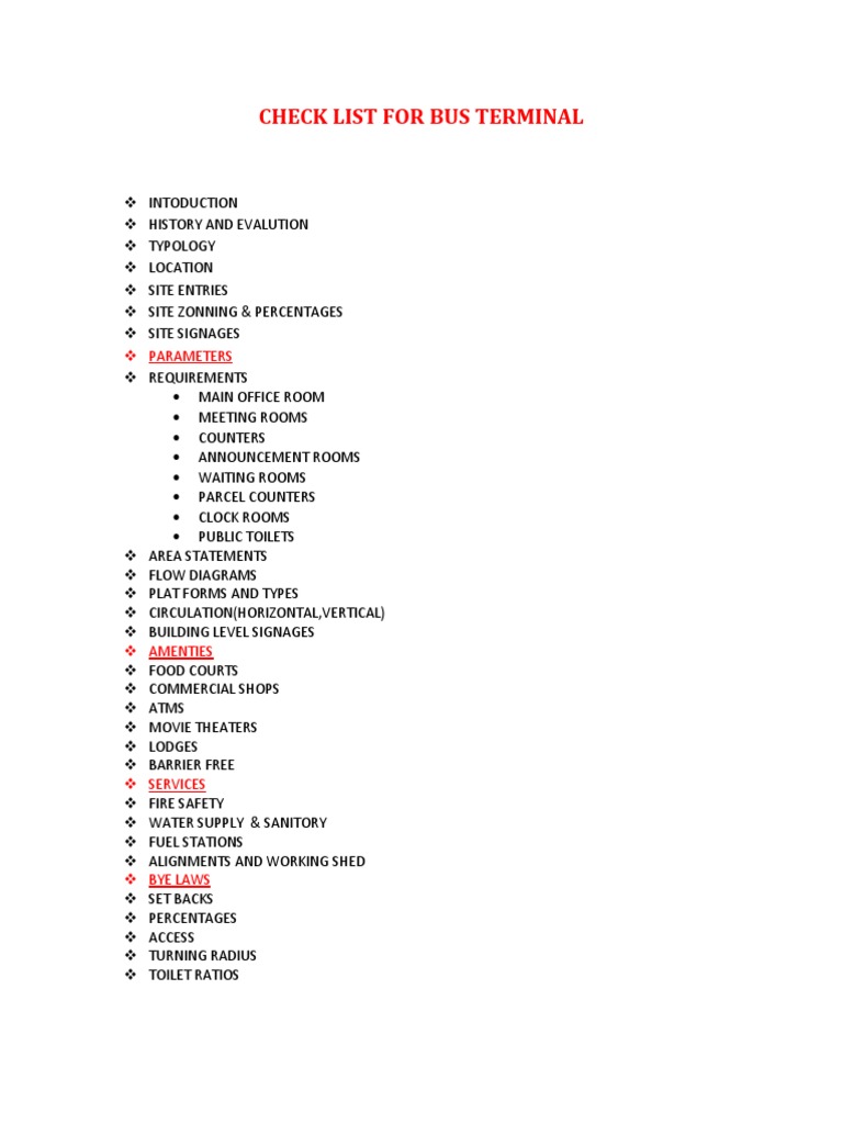 Check List For Bus Terminal | PDF