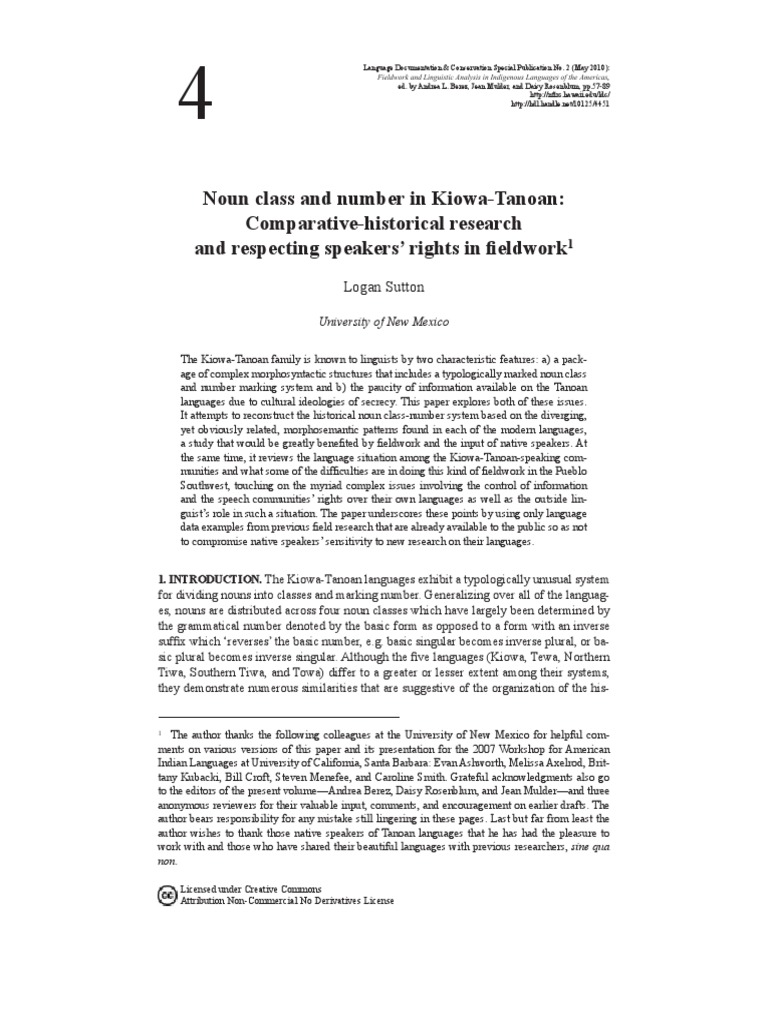 Noun Class and Number in Kiowa-Tanoan: Comparative-Historical Research ...
