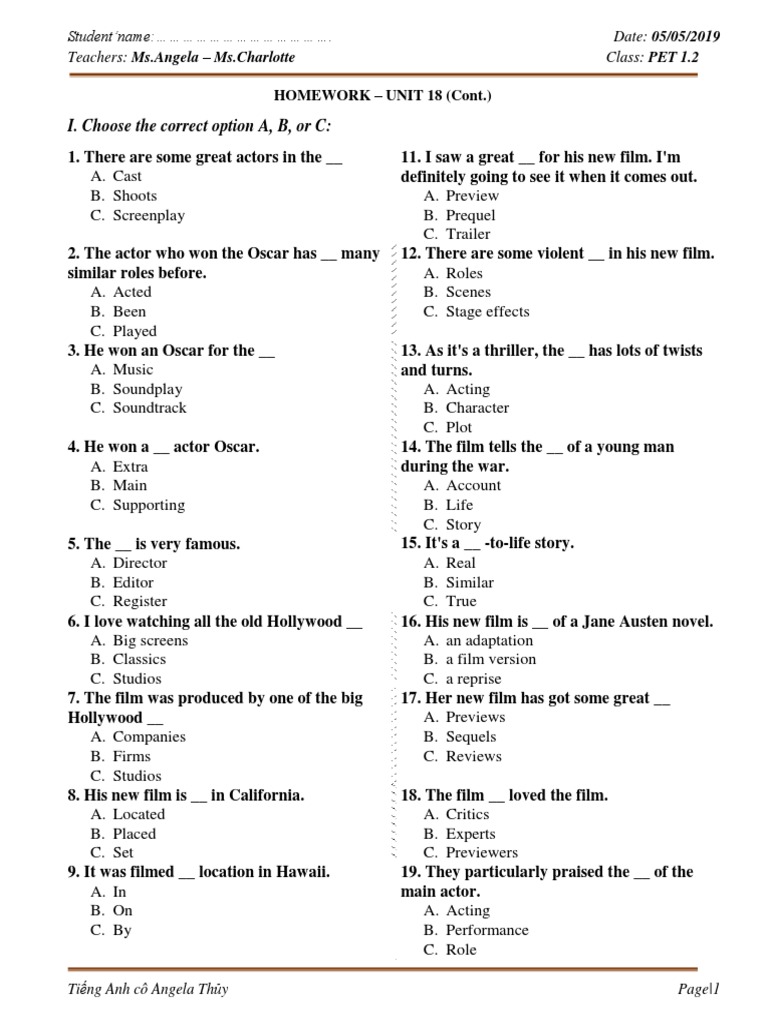 I. Choose The Correct Option A, B, or C:: HOMEWORK - UNIT 18 (Cont ...