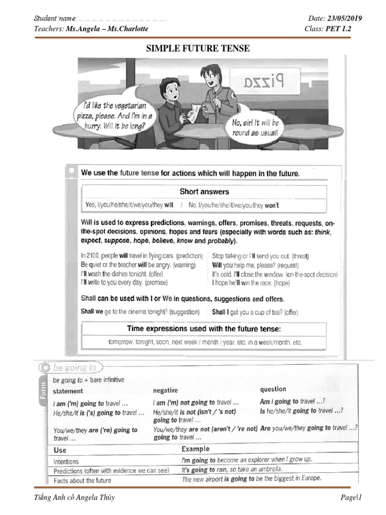 Simple Future Tense: Student'name: . Date: 23/05/2019 Teachers: Ms ...