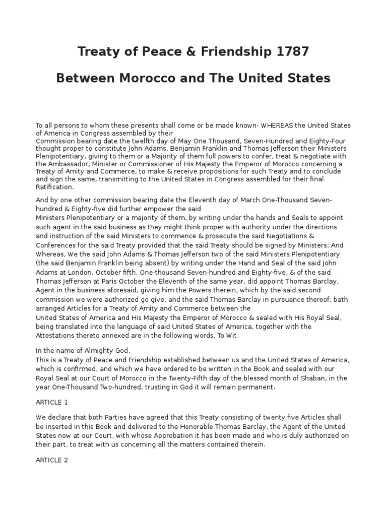 Treaty of Peace & Friendship 1787 Between Morocco and The United States ...