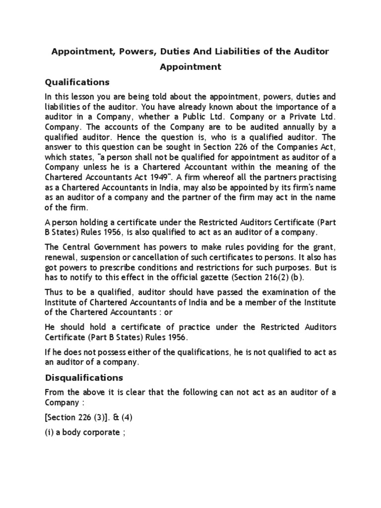 Appointment, Powers, Duties and Liabilities of The Auditor Appointment ...