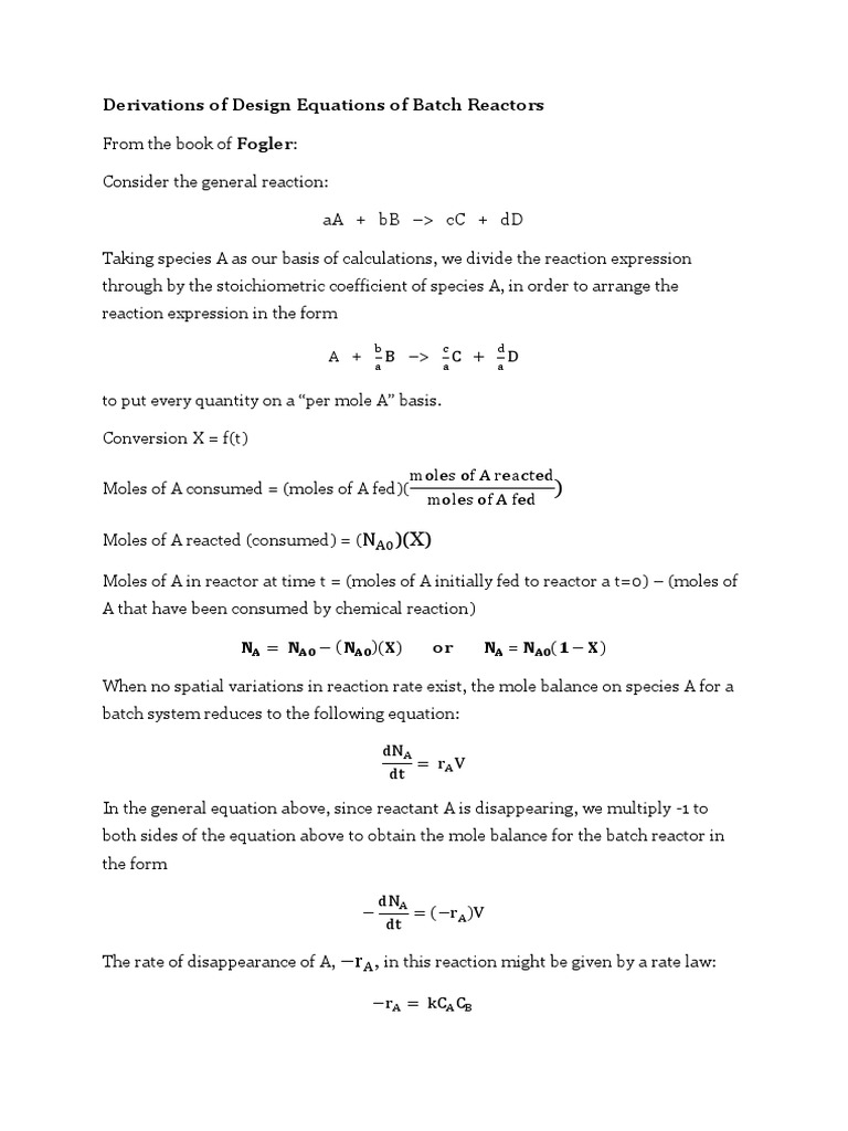 Batch Reactor Design Equation Derivation | PDF | Reaction Rate ...