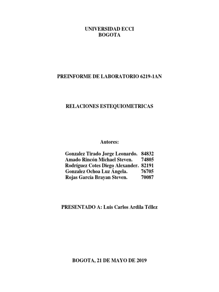 Preinforme Tercer Laboratorio Ecci | PDF | Estequiometría | Química