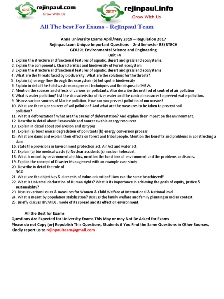 Important Questions for GE8291 EVS Exam | PDF | Pollution | Ecosystem