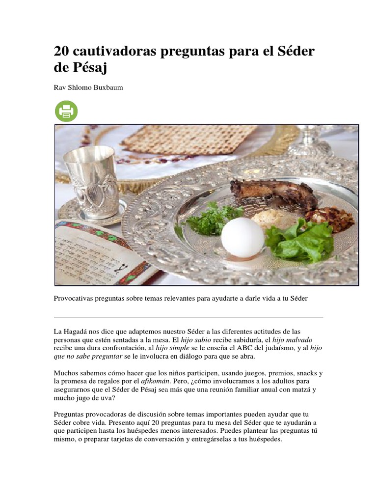 20 Cautivadoras Preguntas para El Séder de Pésaj | PDF | Seder de ...