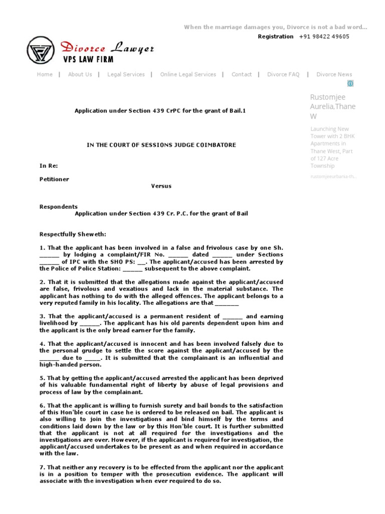 LEGAL DRAFTS BAIL Application Under Section 439of CR PC For The Grant ...