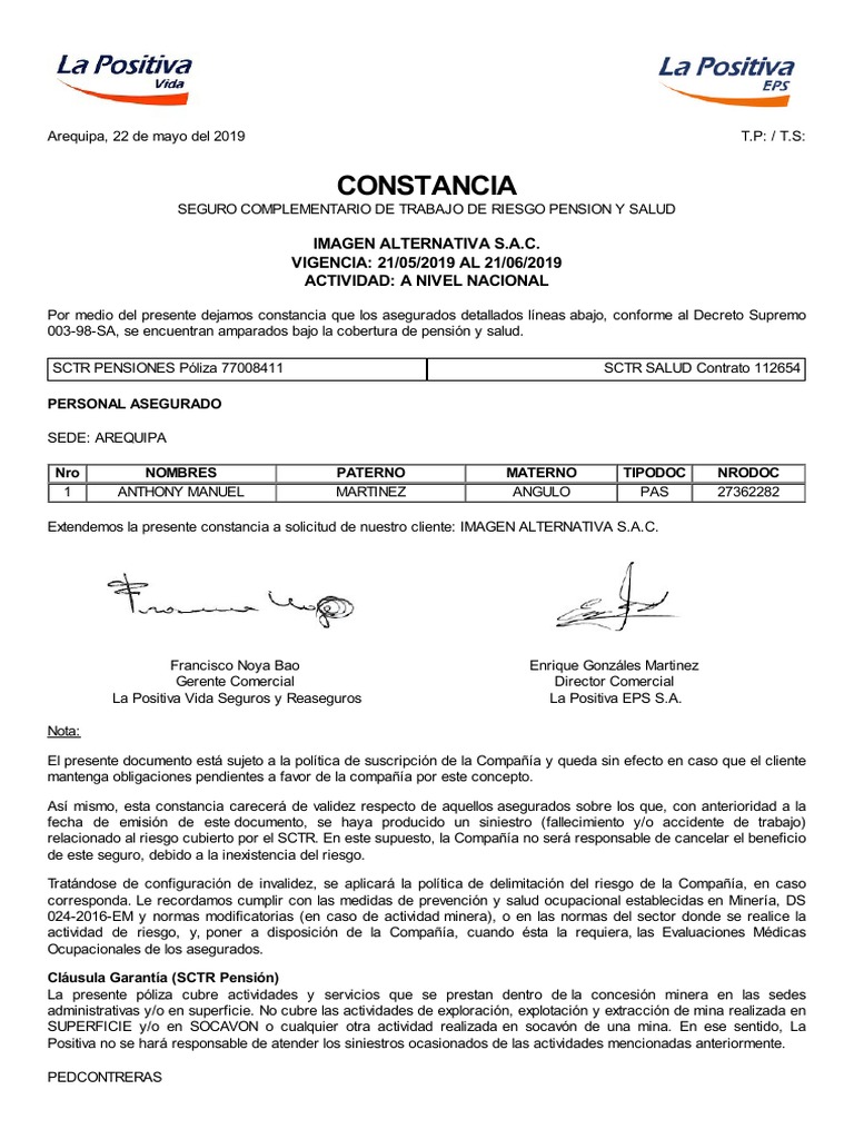 Constancia SCTR | PDF | Póliza de seguros | Seguro