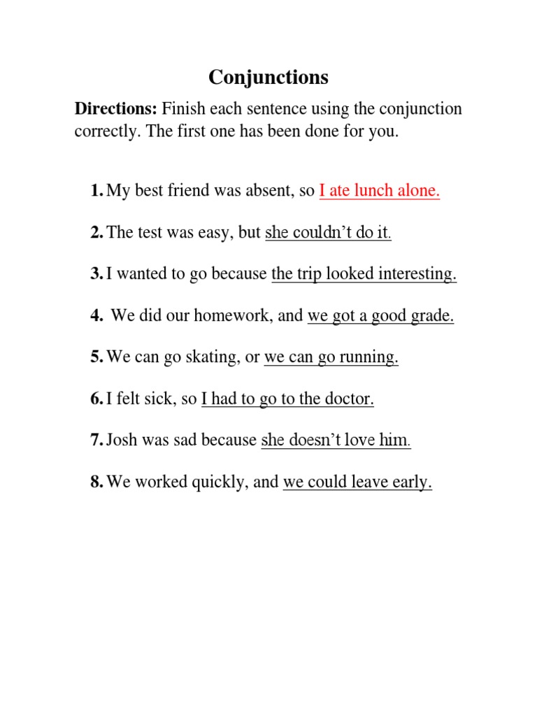 Conjunctions: Correctly. The First One Has Been Done For You | PDF