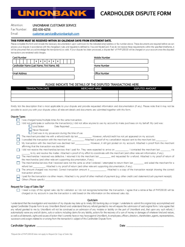 UnionBank Cardholder Dispute Form | PDF | Credit Card | Financial ...