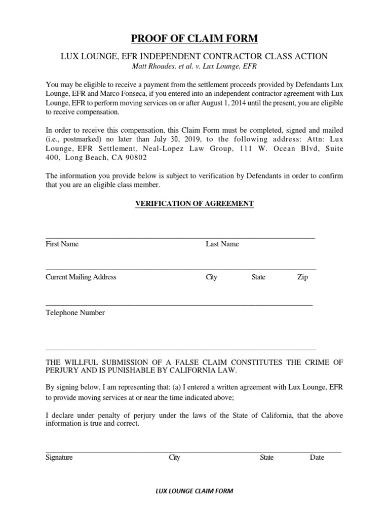 Proof of Claim Form: Lux Lounge, Efr Independent Contractor Class ...
