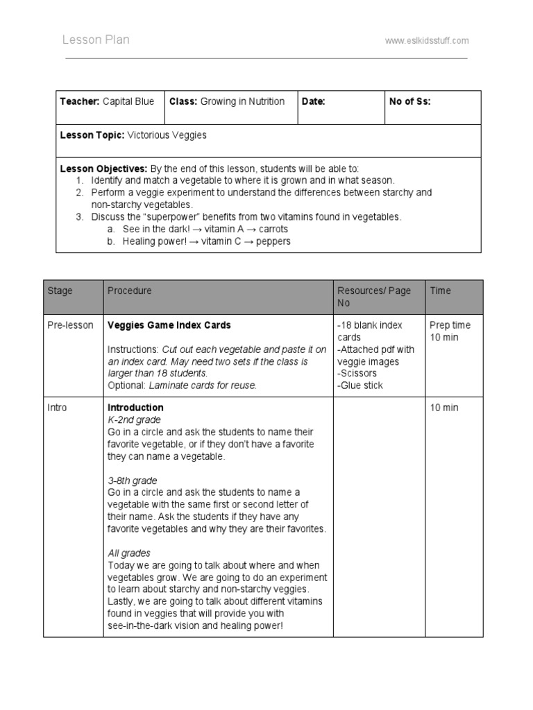Lesson Plan - Victorious Veggies | PDF | Vegetables | Vitamin C