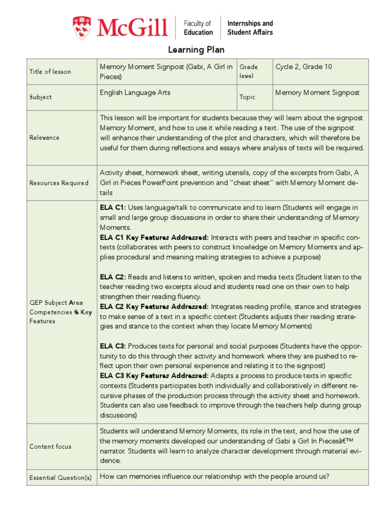 Co Teaching Lesson Plan Memory Moment | PDF | Memory | Teachers