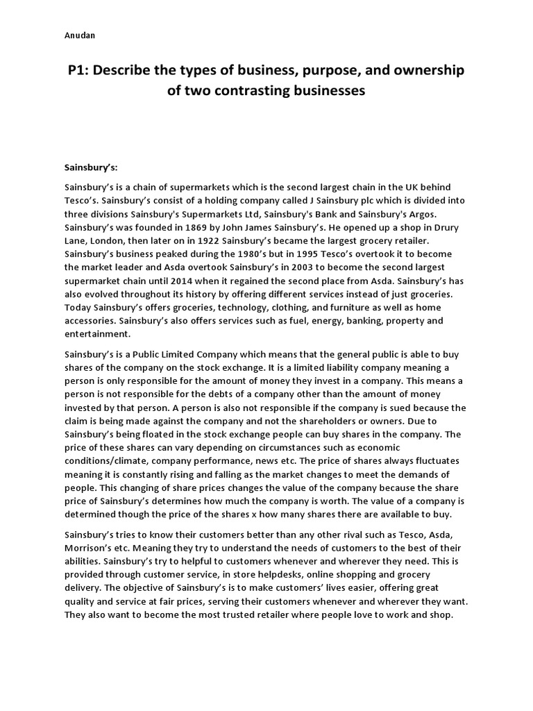 P1: Describe The Types of Business, Purpose, and Ownership of Two ...