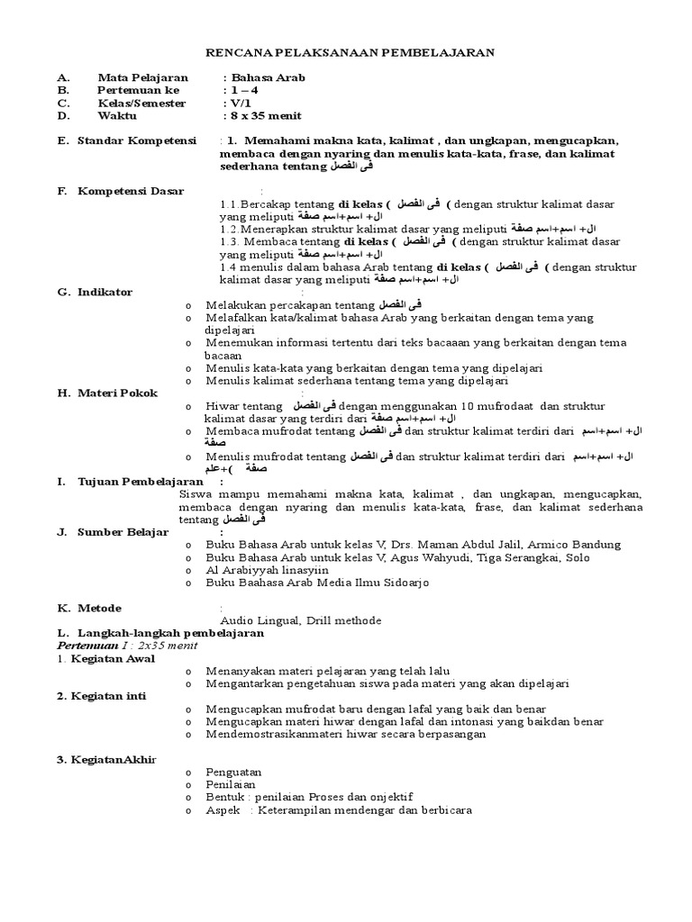 RPP B. Arab Kelas 5 SMT 1-2 | PDF | Karier & Perkembangan | Seni & Disiplin Bahasa