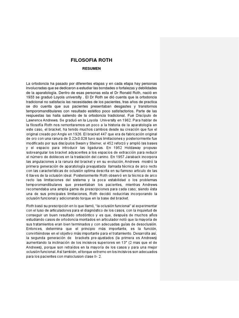 Filosofia Roth Resumen | PDF | Ortodoncia | Odontología