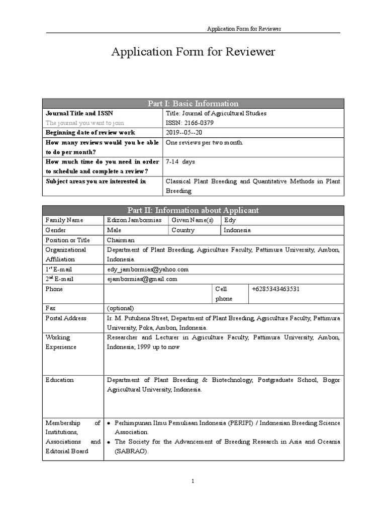 Application Form For Reviewer: Part I: Basic Information | PDF | Plant ...