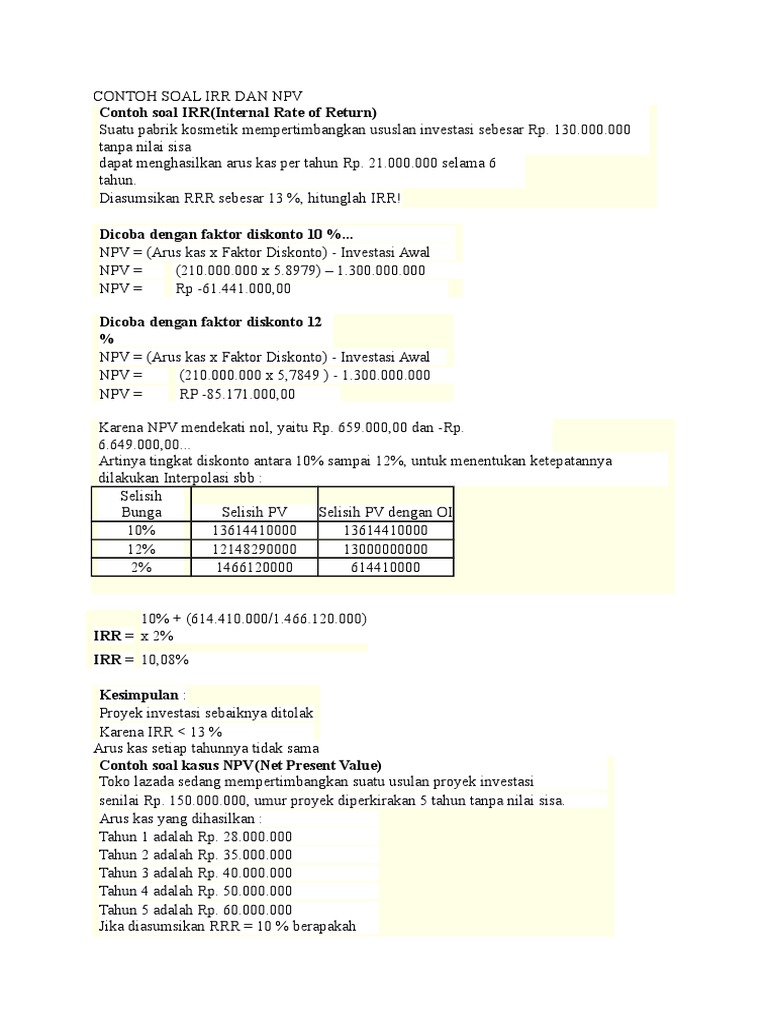 Contoh Soal IRR dan NPV Investasi | PDF | Bisnis | Pengelolaan Keuangan ...