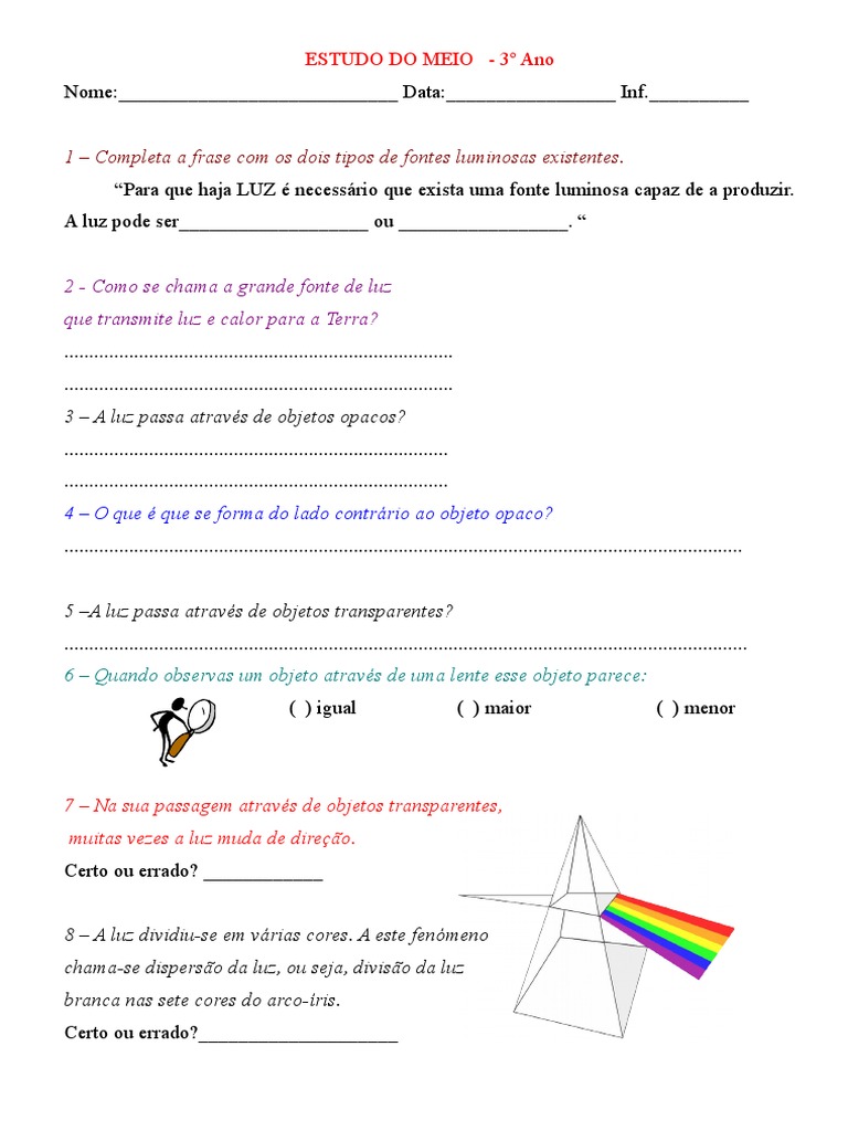 Objetos Translúcidos, Opácos e Transparentes 2 - Estudo Do Meio 3º Ano