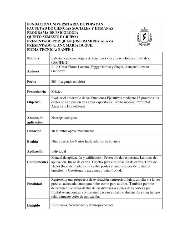 Ficha Tecnica BANFE-2 | PDF | Funciones ejecutivas | Corteza prefrontal