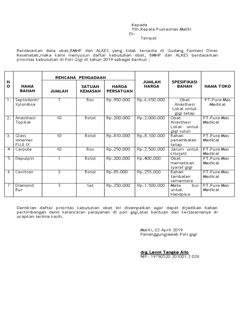 Daftar Kebutuhan Poli Gigi 2019 | PDF