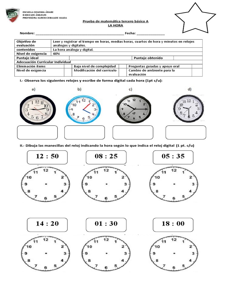 Prueba de Matemática: La Hora 3° Básico | PDF | Aprendizaje | Cognición