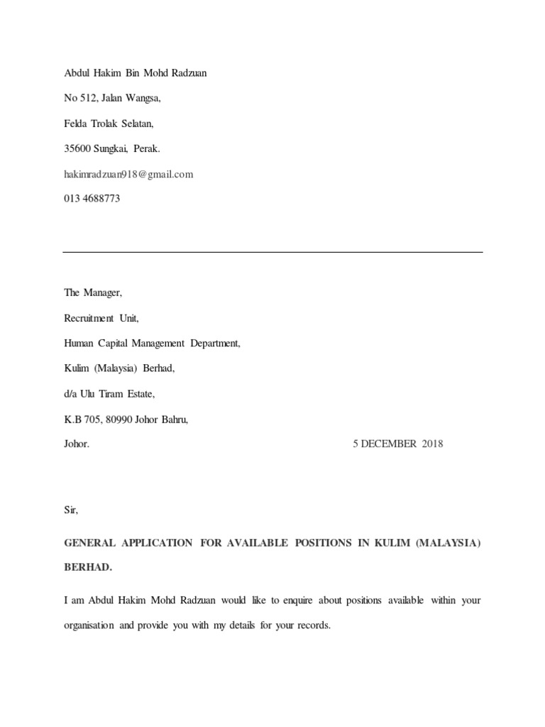 General Letter Application at Kulim Berhad | PDF
